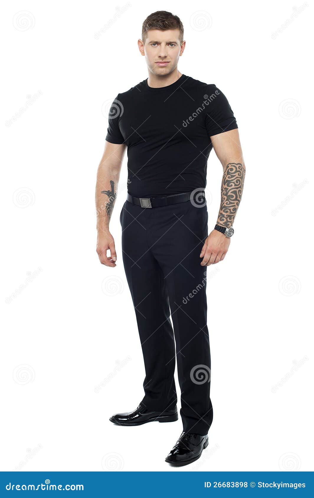 Strong Male Bouncer. Tattoo On Both His Hands Stock Photography ...