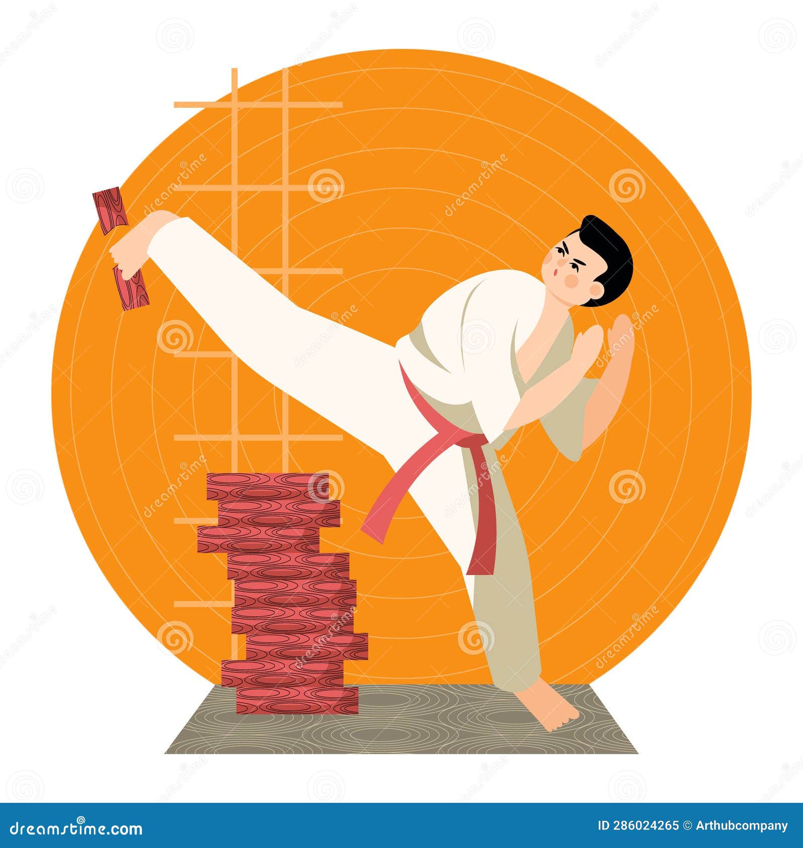 Strong Male in Uniform Practices Karate and Breaks Bricks with Foot ...