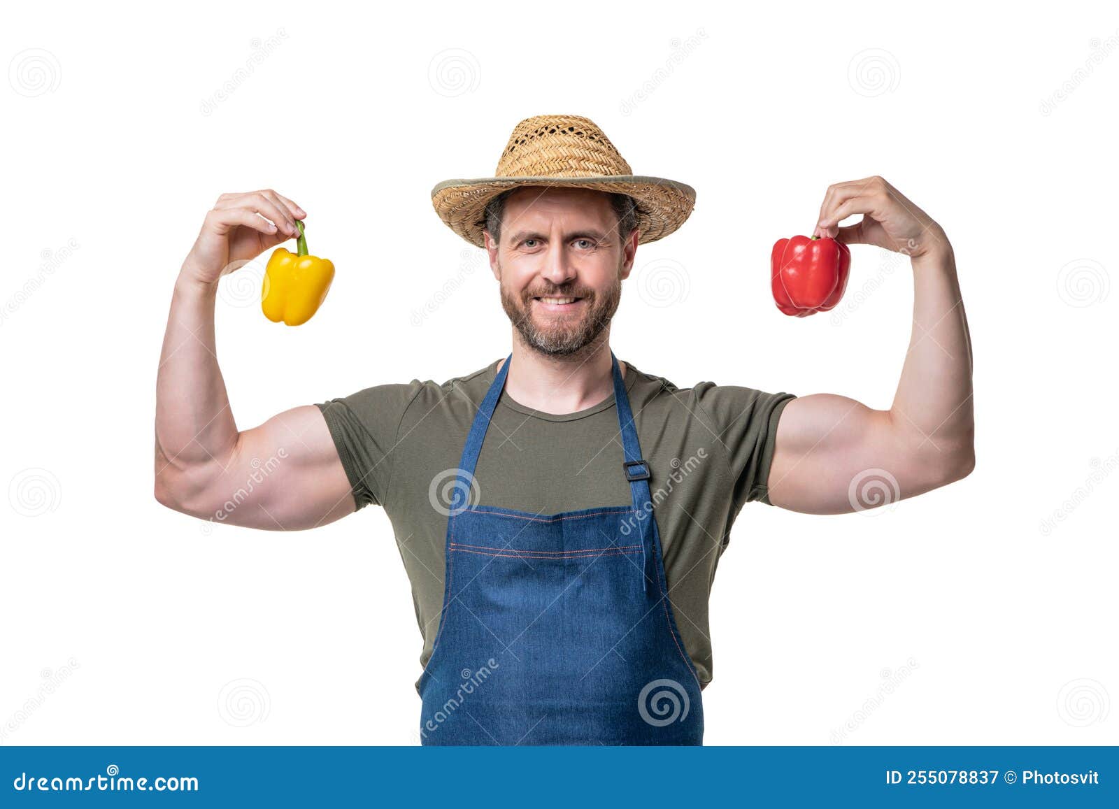 Strong Man in Apron and Hat with Sweet Pepper Vegetable Isolated on ...