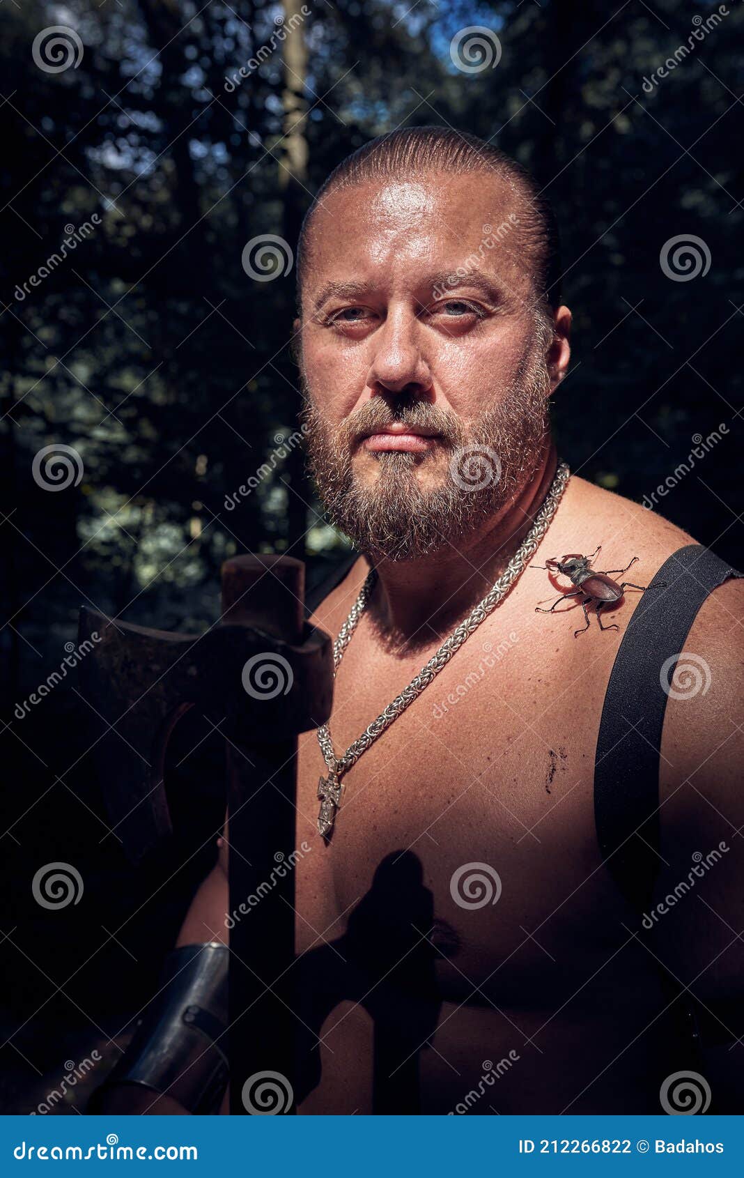 Strong Man in Armor with an Ax and a Beetle on His Shoulder Stock Photo ... Strong Man in Armor with an Ax and a Beetle on His Shoulder Stock Photo ...