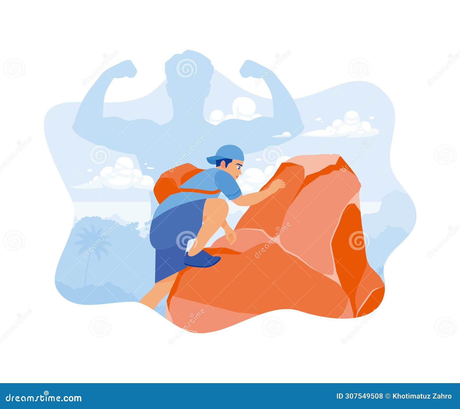 A Strong Man with a Bag on His Back Climbs a Cliff. Self-development ...