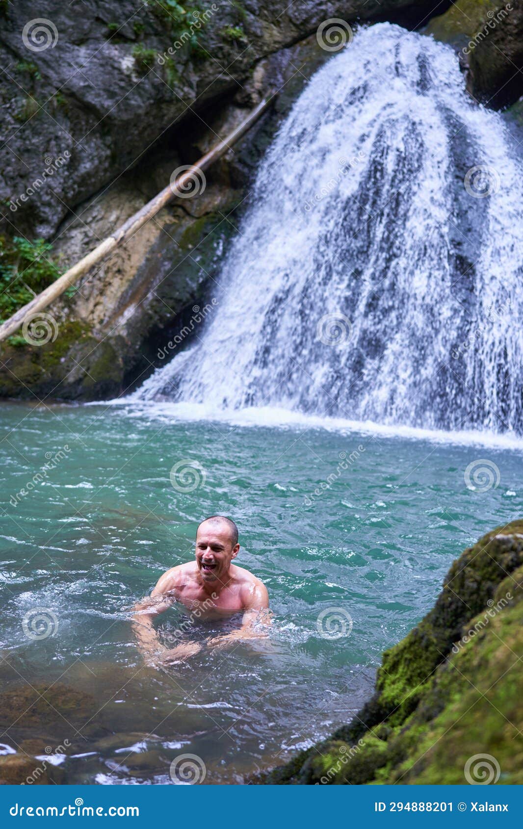 Strong Man Bathing in a Waterfall Stock Image - Image of mountain ...