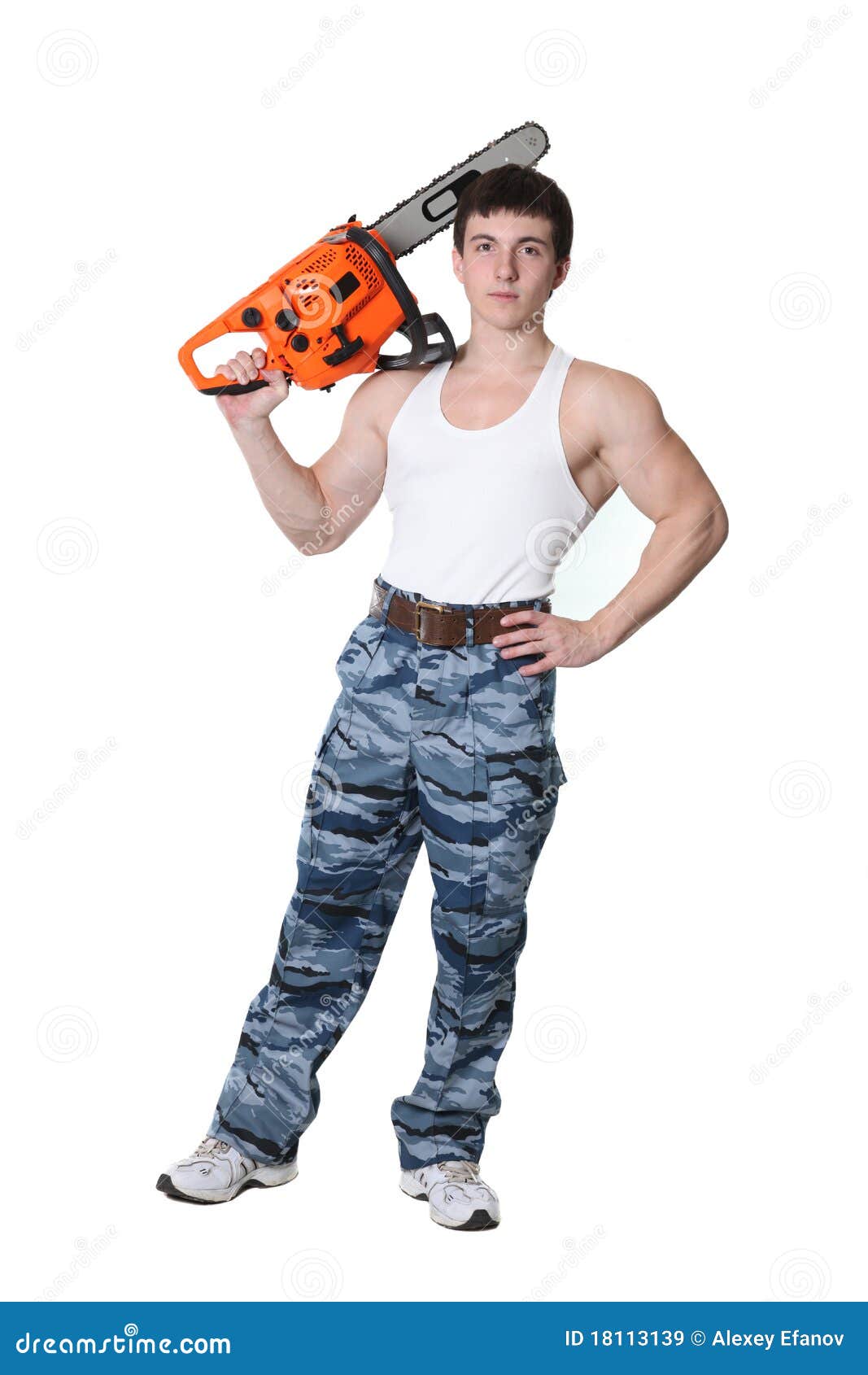 Strong man with chainsaw stock image. Image of occupation - 18113139