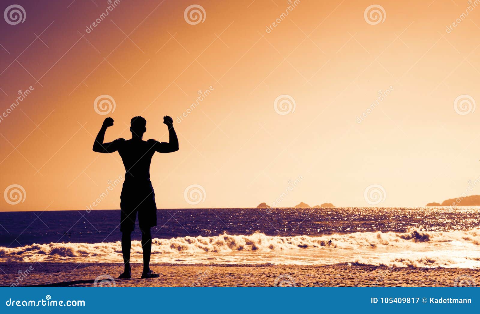 Strong Man Cheering at Beach on Sunset Stock Image - Image of powerful ...