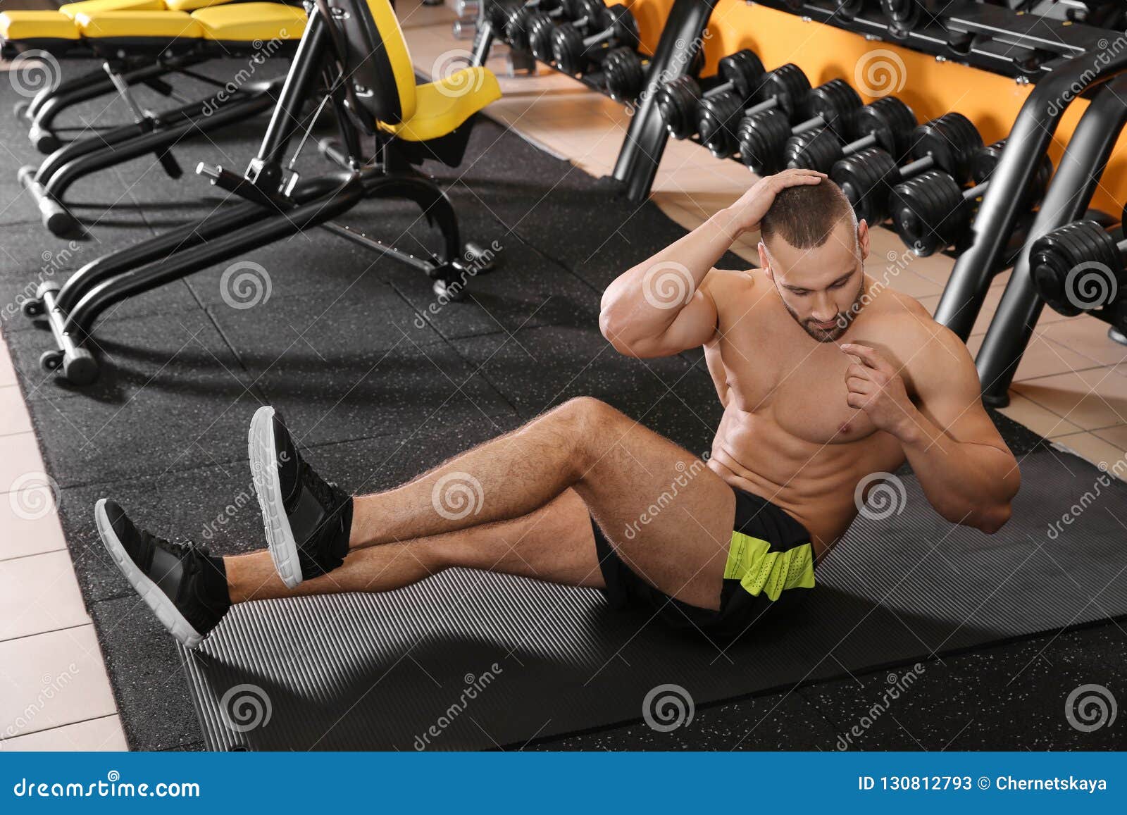 Strong Man Doing Crunches on Mat Stock Image - Image of athlete, active ...