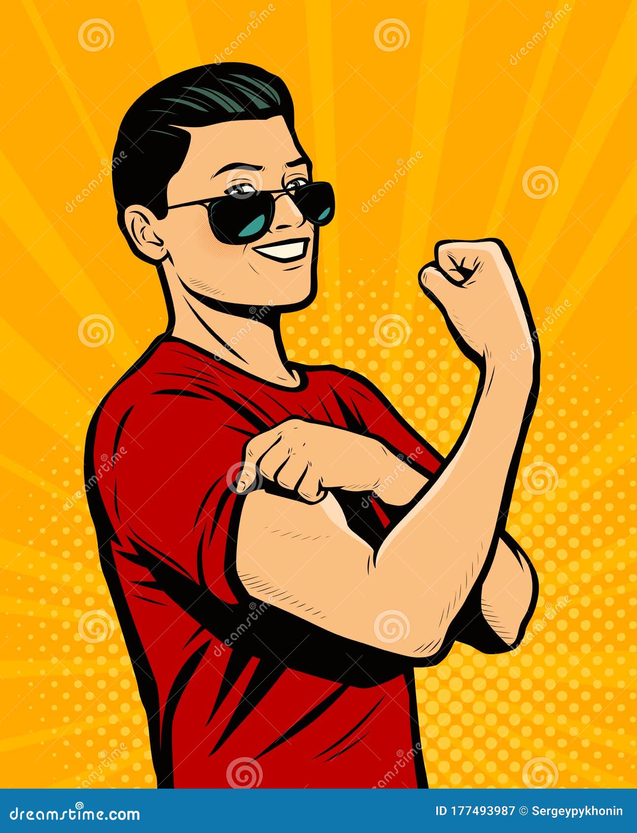 Strong Man with Fist Shows Strength. Retro Comic Pop Art Vector ...