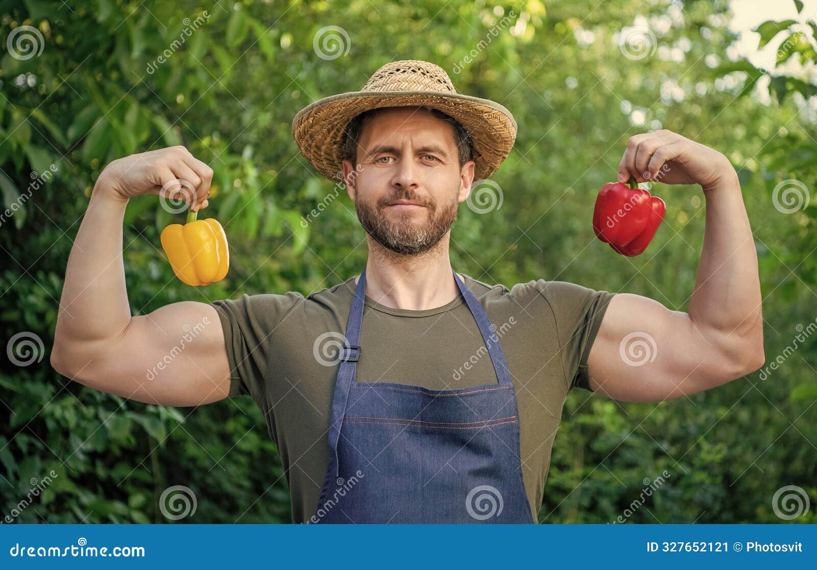 Strong Man Greengrocer in Straw Hat with Sweet Pepper Stock Image ...