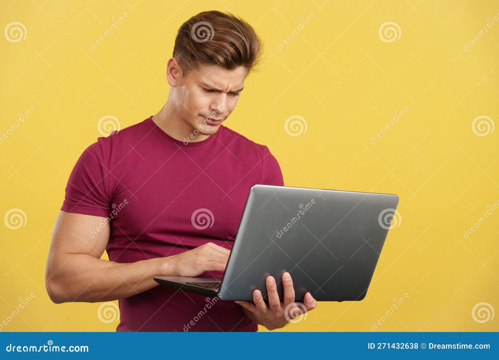 Strong Man Having a Problem while Using a Laptop Stock Photo - Image of ...