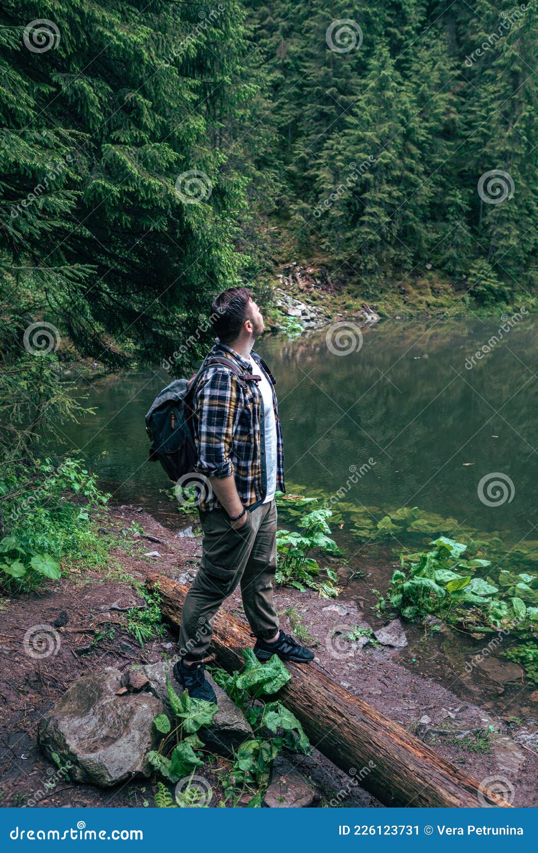 Strong Man Hiker Looking at Mountain Lake Stock Image - Image of hiking ...