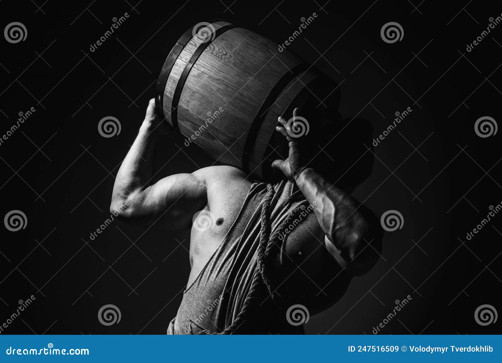 Strong Man Holds Barrel on Black. Stock Image - Image of board, power ...