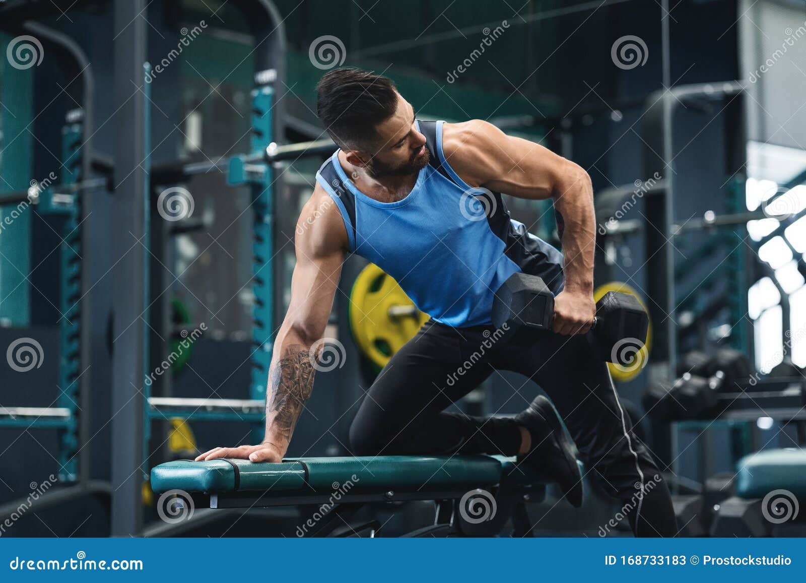 Strong Man Training Biceps with Dumbbells at Gym Stock Image - Image of ...