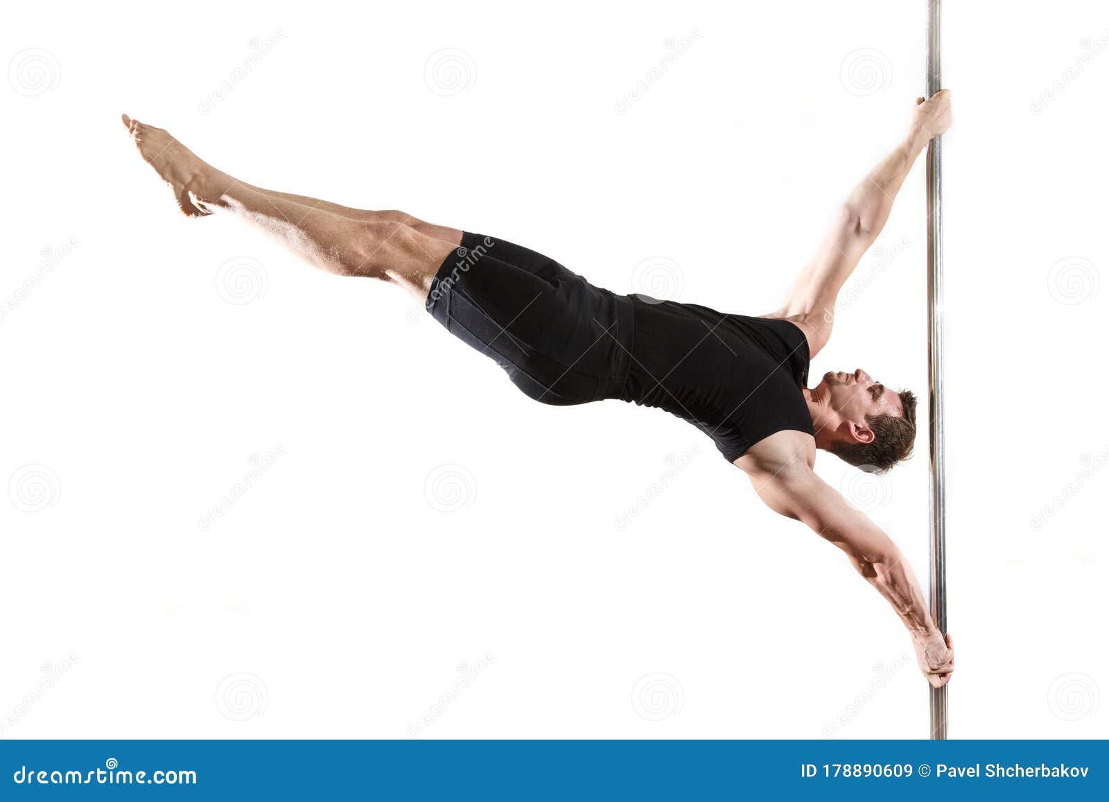 Strong Pole Dancer Smiling Man In Black Clothes On Pylon White