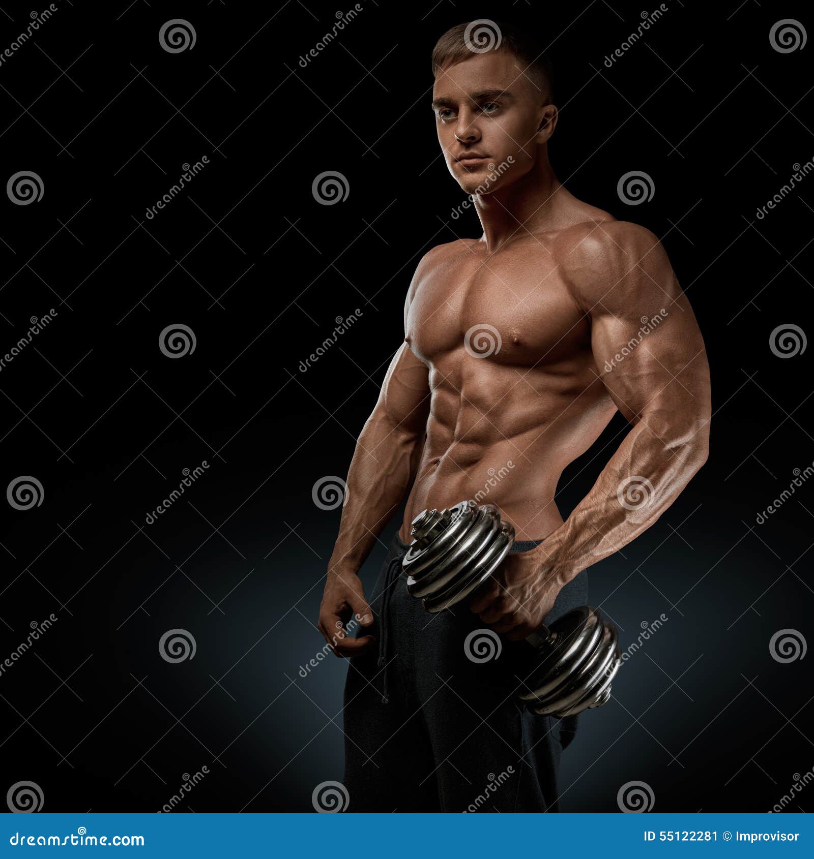 Strong and Power Bodybuilder Doing Exercises with Dumbbell Stock Image ...