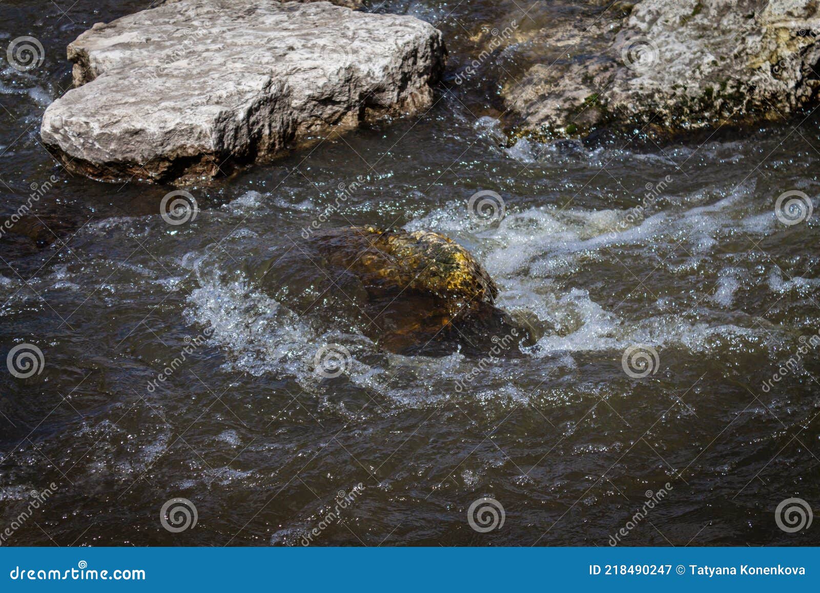 Strong River Current, Splash of Water, Waves and Large Stones. Stock ...