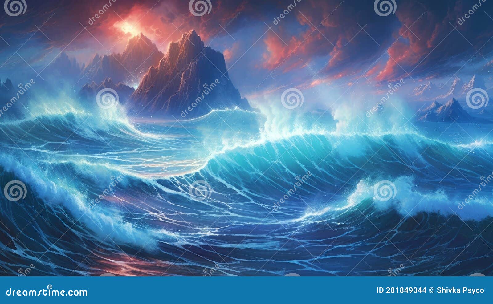 Strong Sea Storm Huge Waves Lightning Bolts Epic Stock Illustration ...