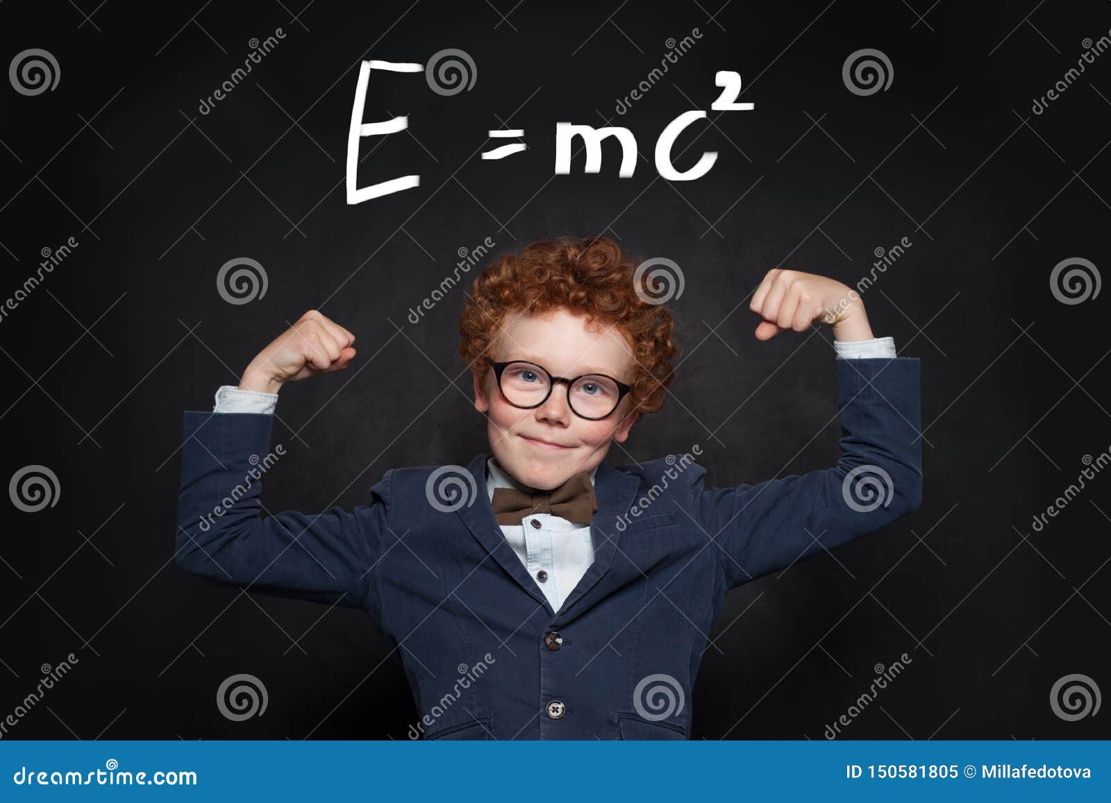 Strong and Smart Child Student on Blackboard with Science Formula Stock ...