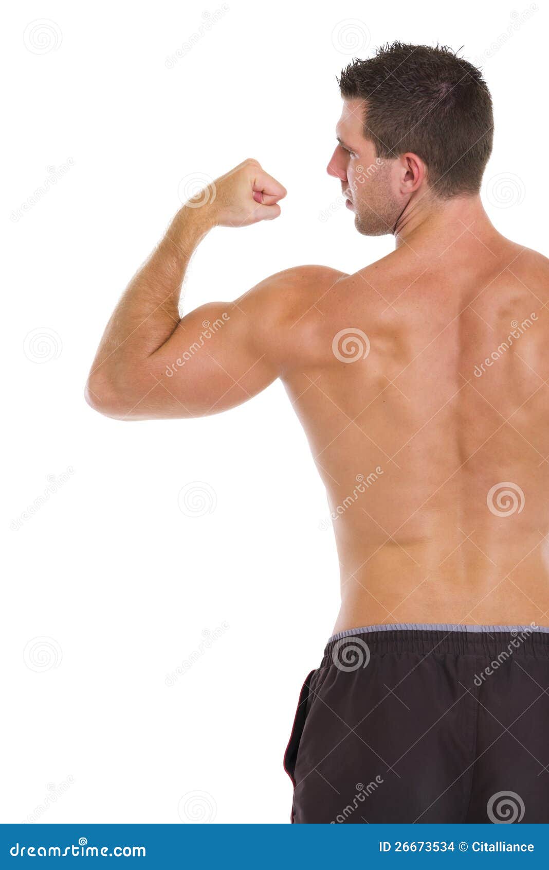 Strong Sports Man Showing Biceps. Rear View Stock Photo - Image of ...