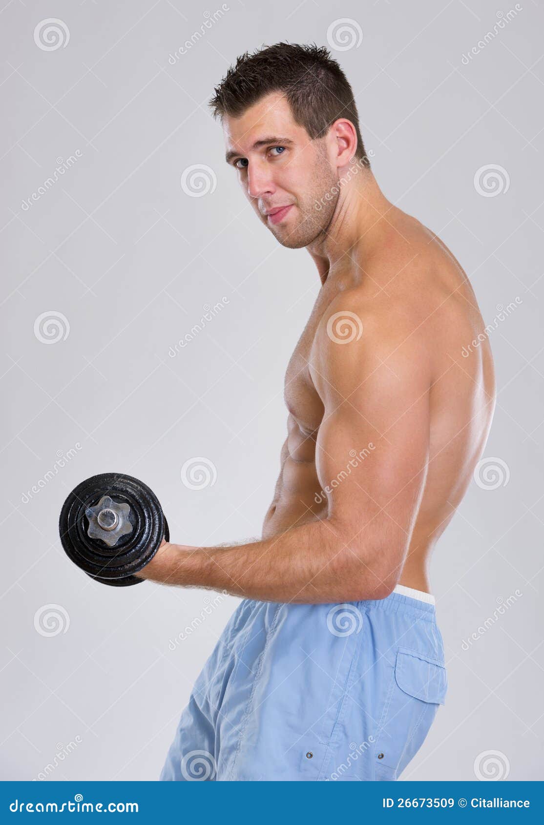 Strong Sports Man Workout Biceps with Dumbbell Stock Image - Image of ...