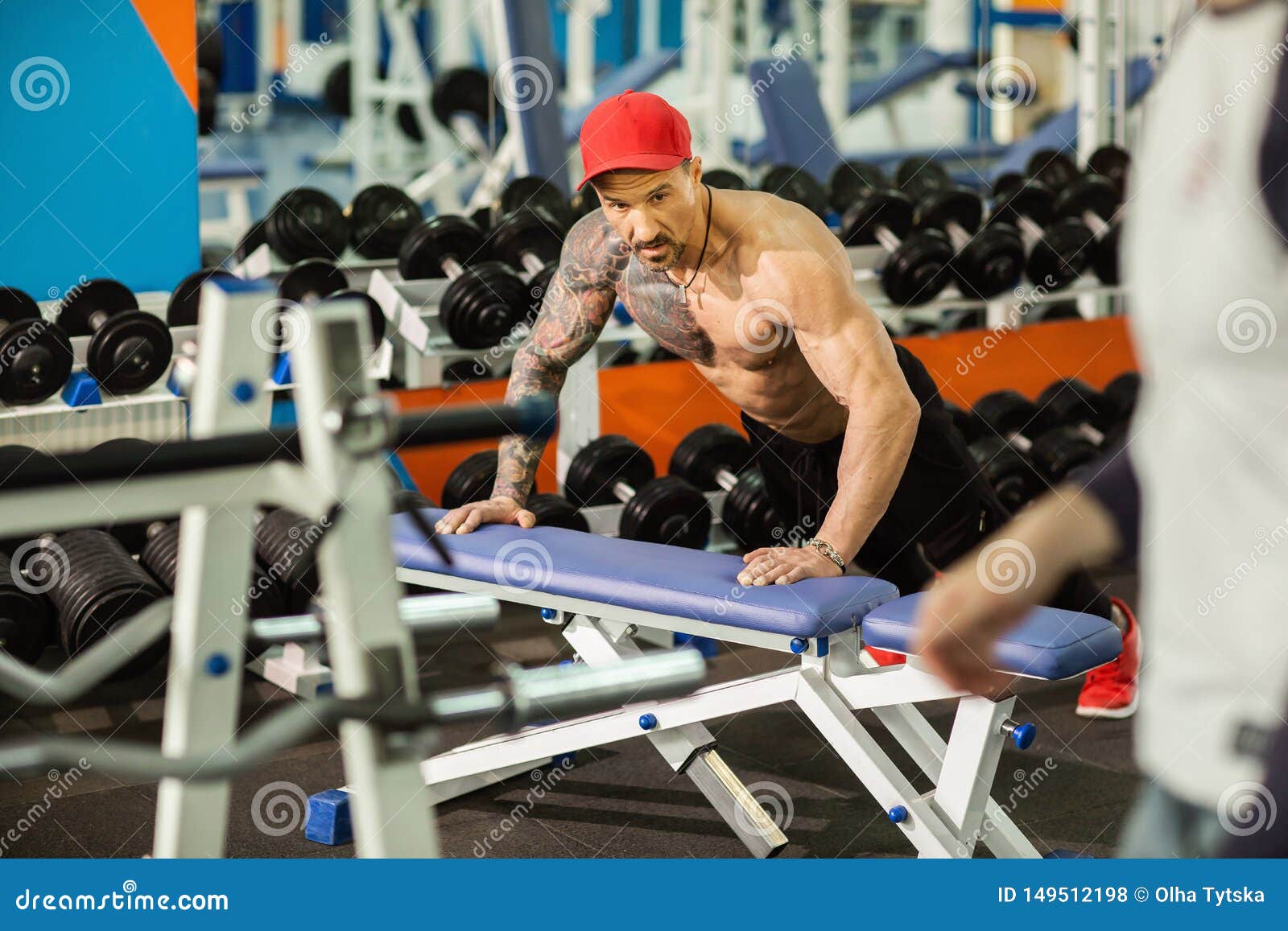 Strong Sporty Man Doing Push-ups on Bench during Workout in Gym Stock ...