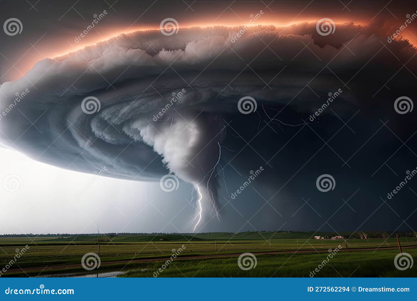 A Strong Storm with Thunderstorms and Bright Lightning Over the Field ...