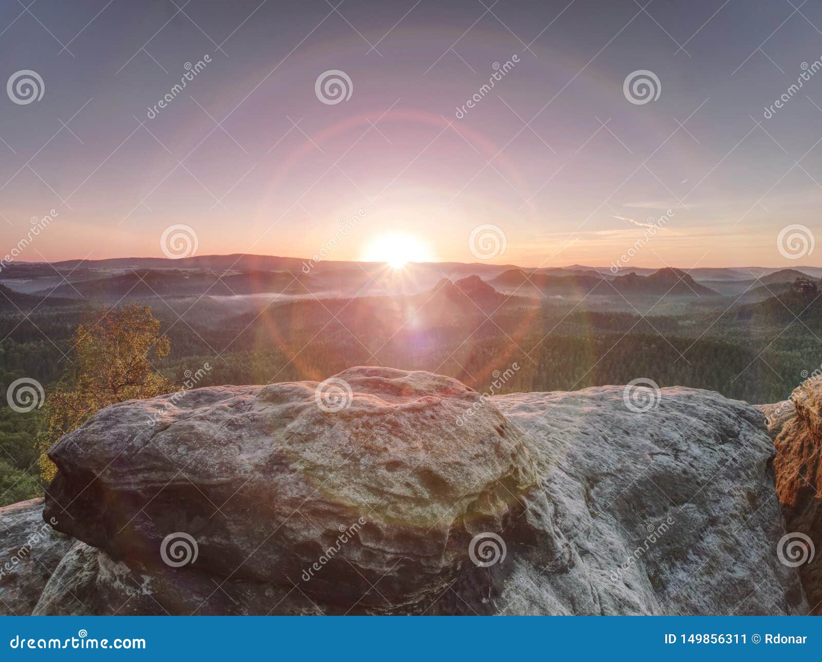Strong Sun Rays Make Long Strips in Mist. Beautiful Landscape Stock ...