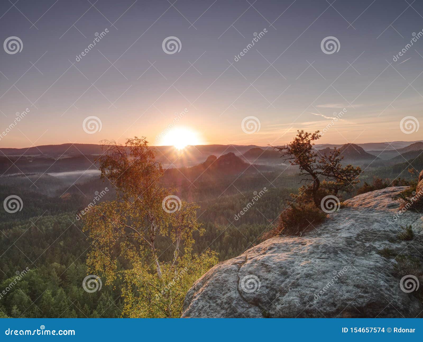 Strong Sun Rays Make Long Strips in Mist. Beautiful Landscape Stock ...