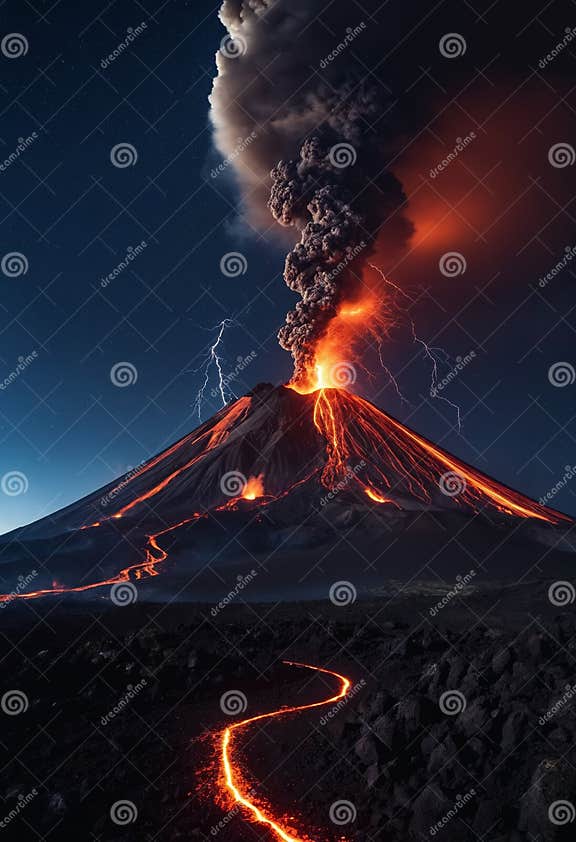 Strong Volcanic Eruption at Night, Stock Photo - Image of eruption ...