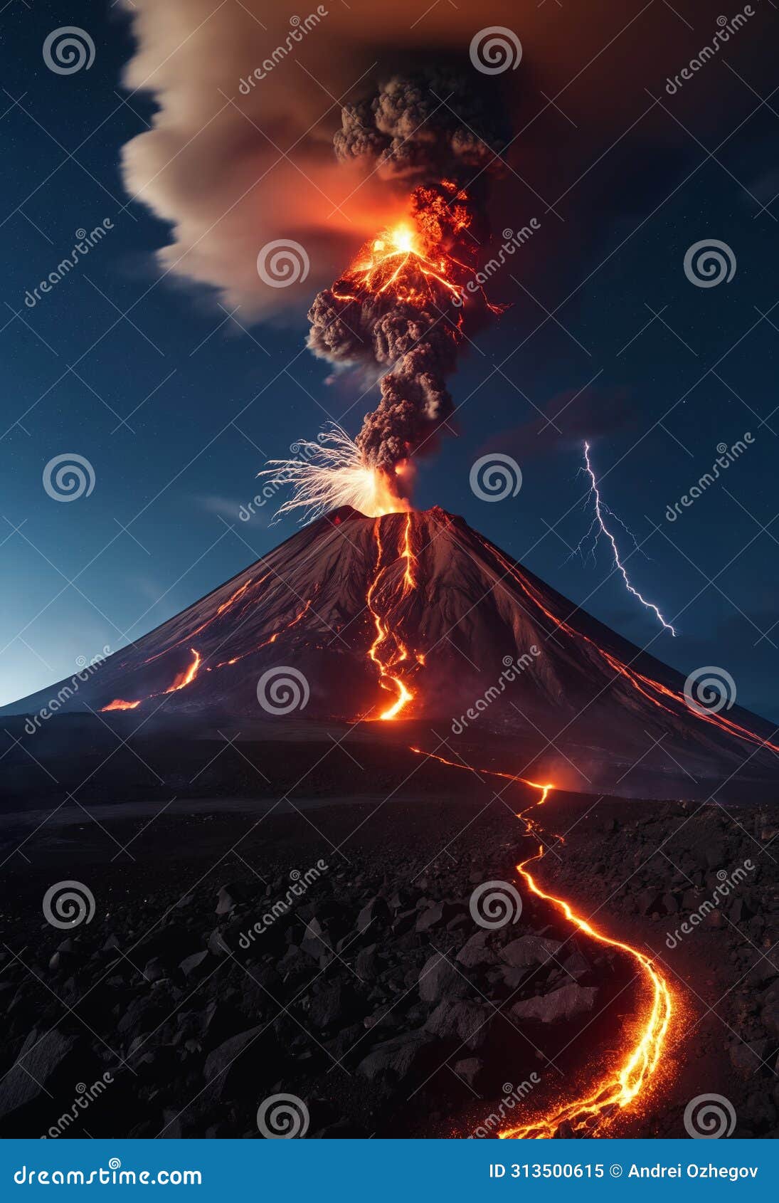 Strong Volcanic Eruption at Night, Stock Image - Image of mountain ...