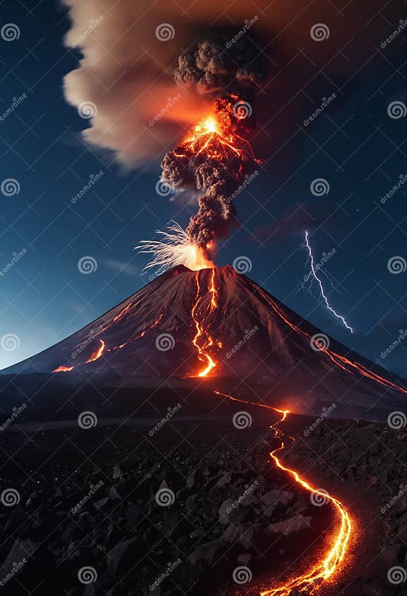 Strong Volcanic Eruption at Night, Stock Image - Image of mountain ...