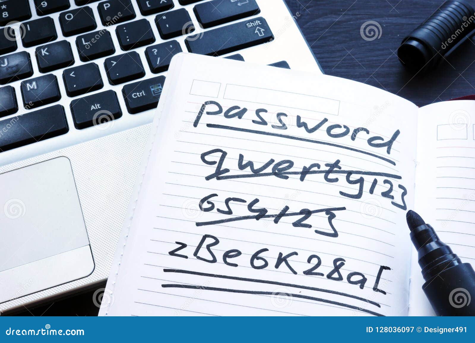 Strong and Weak Easy Password. Notepad and Laptop. Stock Image - Image ...