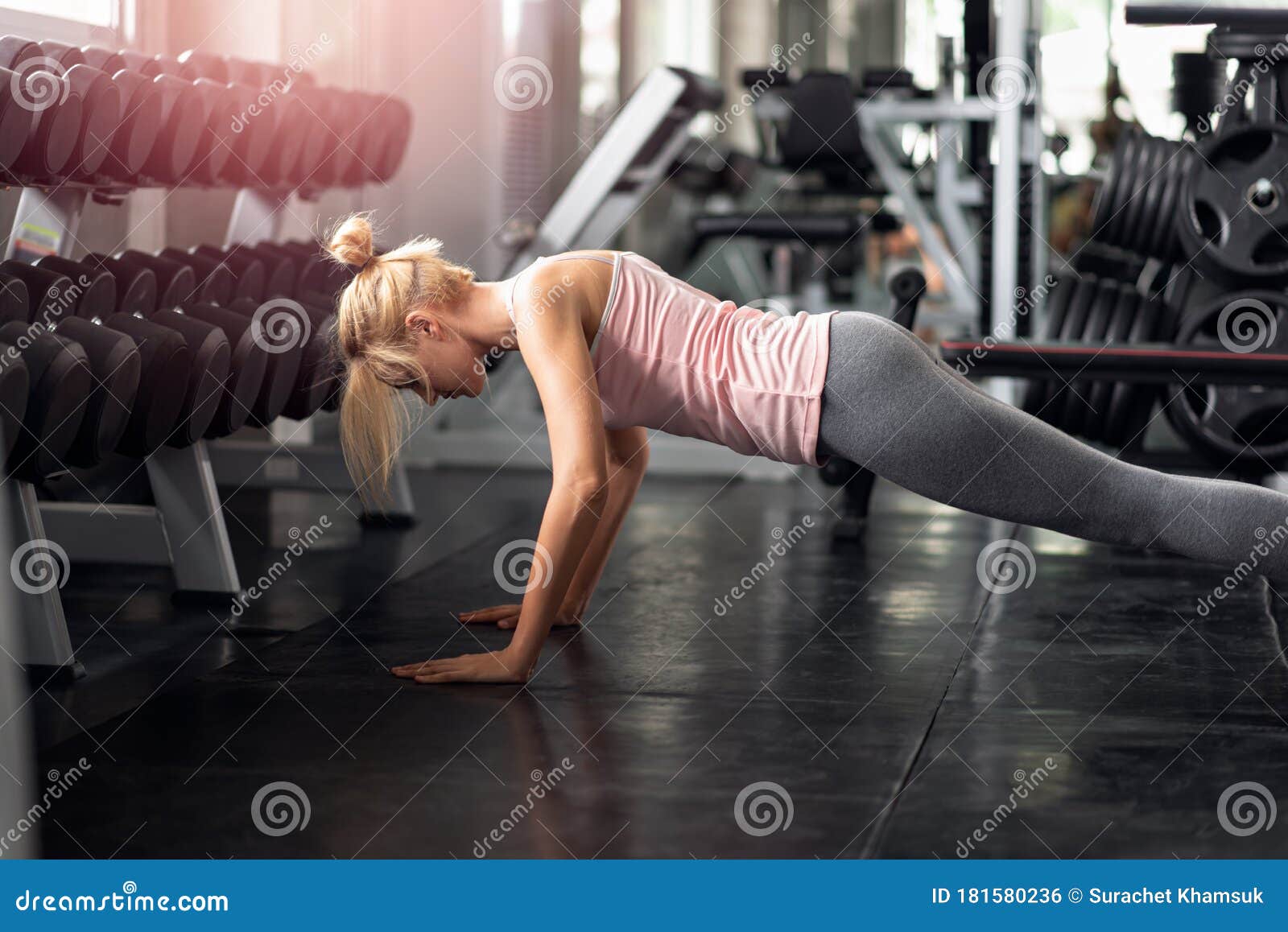 Strong Woman Doing Push Ups in the Gym Stock Photo - Image of portrait ...