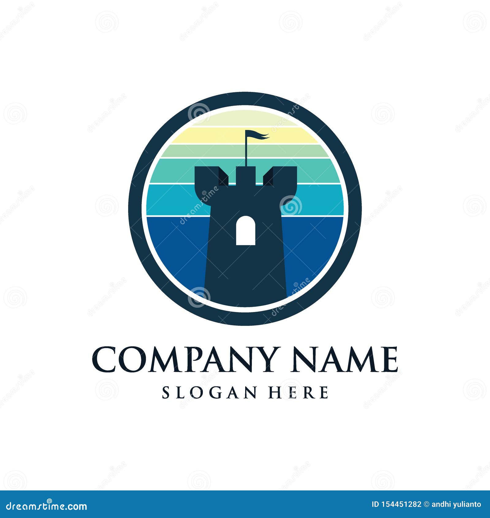 Stronghold Castle Tower Vector Logo Design Inside a Circle with Flag ...