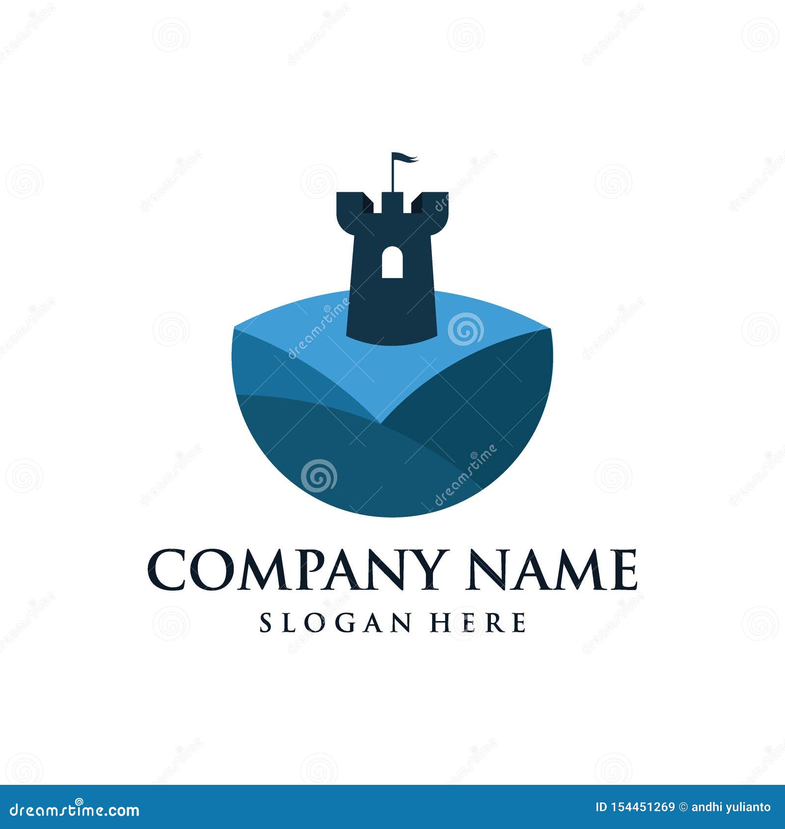 Stronghold Castle Tower Vector Logo Design in the Middle of Hill Stock ...