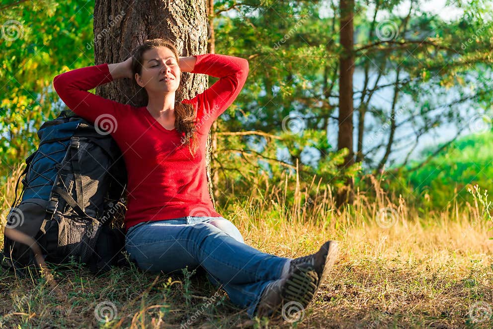 Strongly Weary Backpacker Resting Stock Image - Image of leisure ...