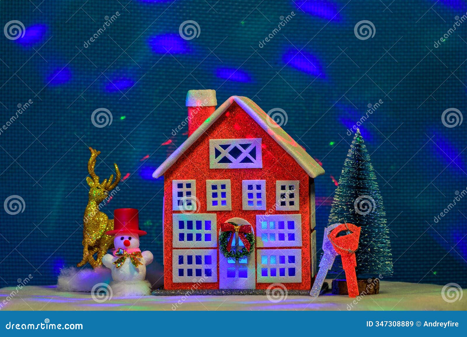 On a Structural Blue Background There is a House, a Christmas Tree with ...