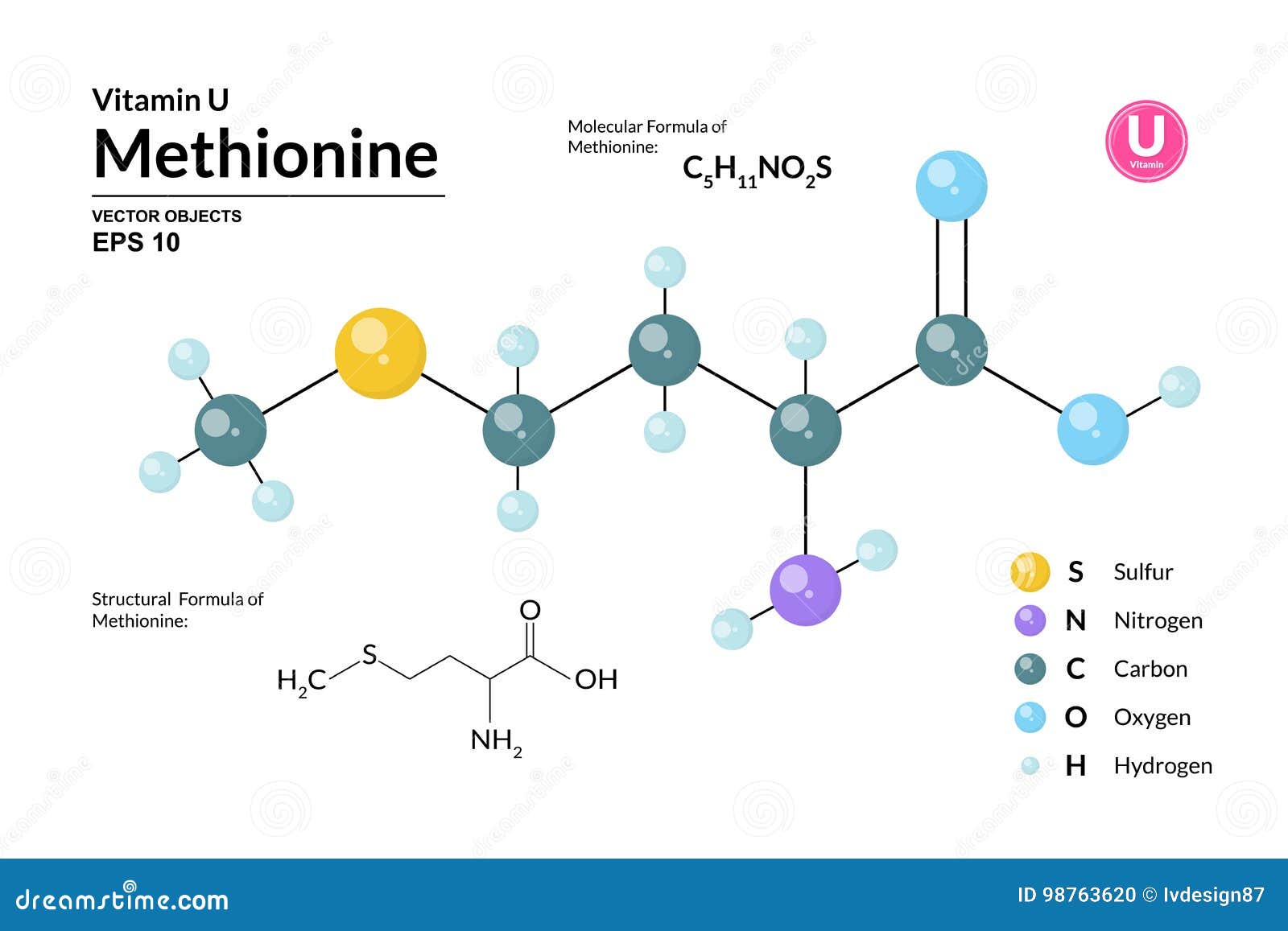 Structural Chemical Molecular Formula And Model Of Methionine. Atoms ...