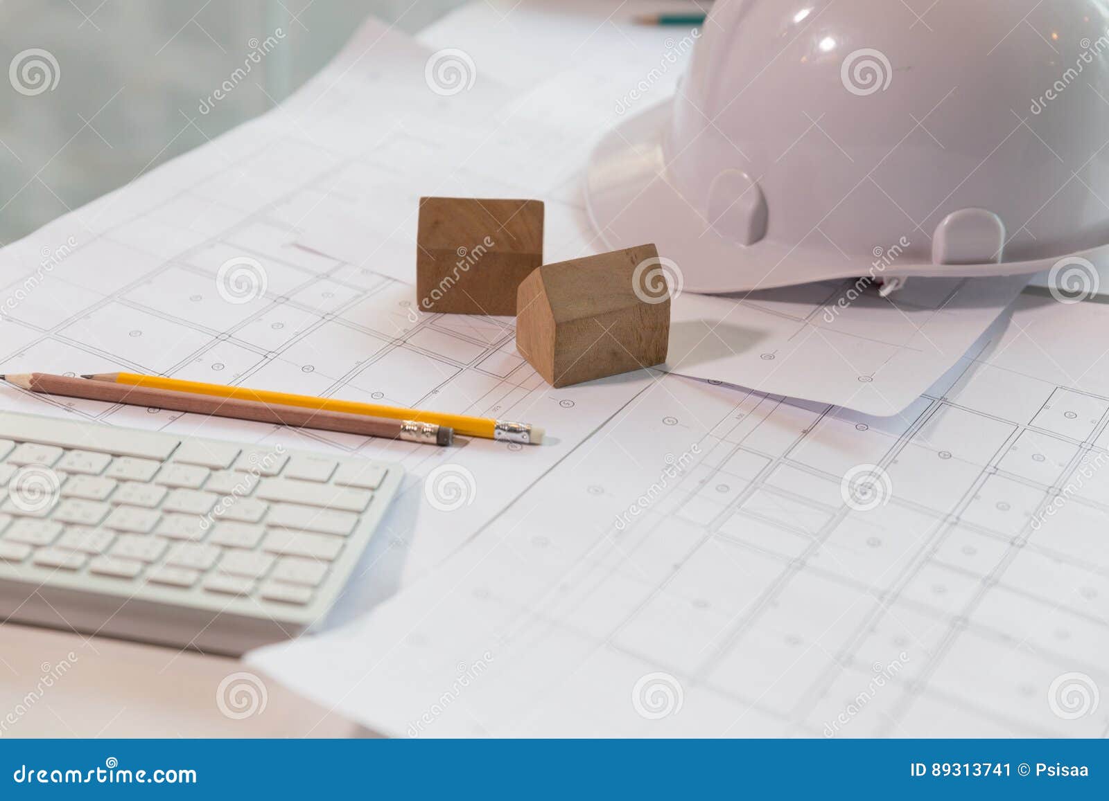 Structural Engineer and Architect Desk with Safety Helmet, Blueprint ...