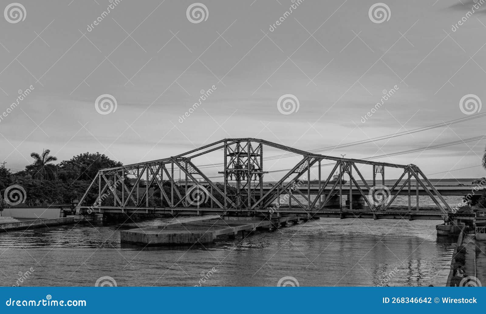 Structure of a Bridge on a Lake, Grayscale Stock Photo - Image of river ...