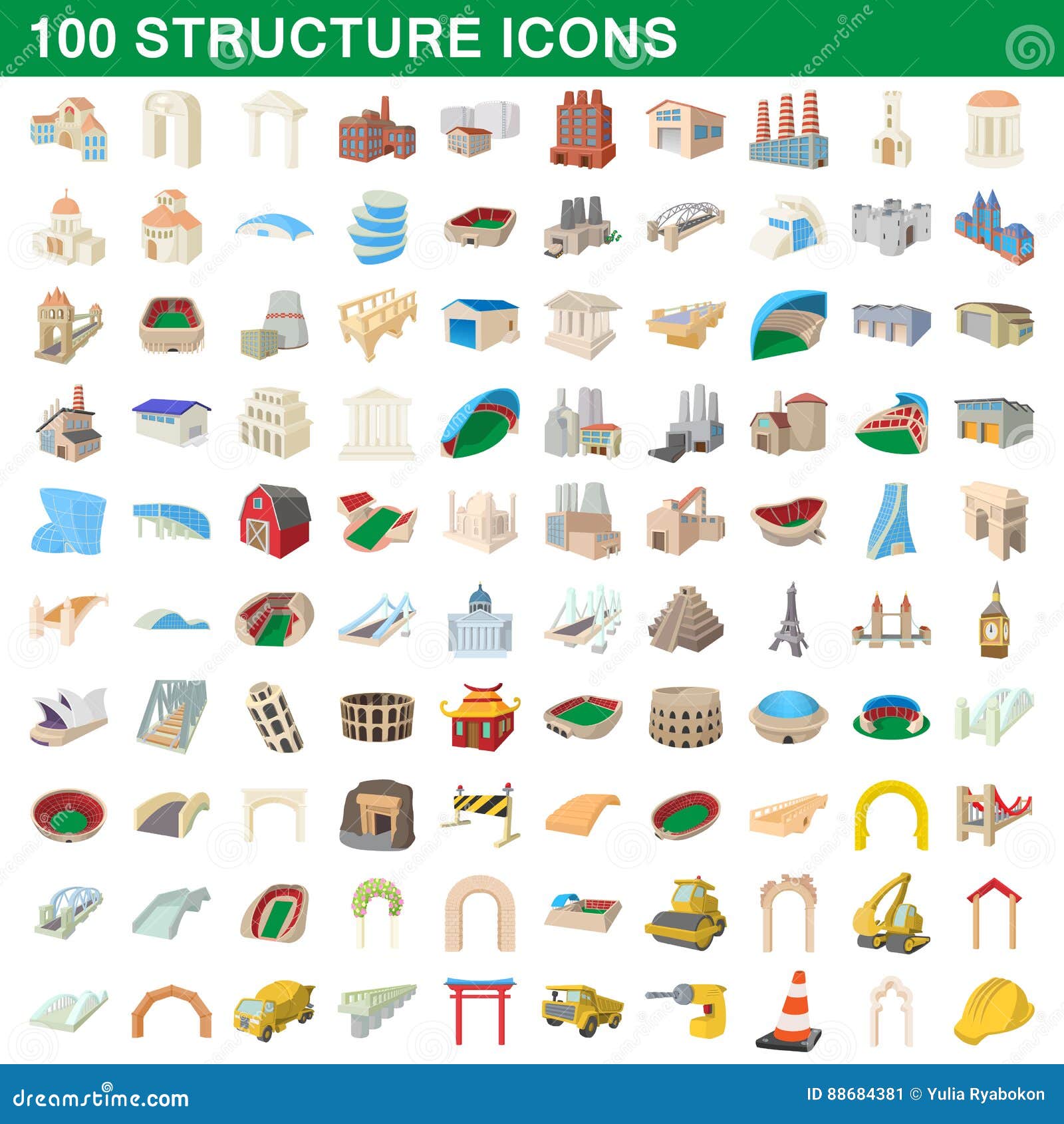 100 Structure Icons Set, Cartoon Style Stock Vector - Illustration of ...