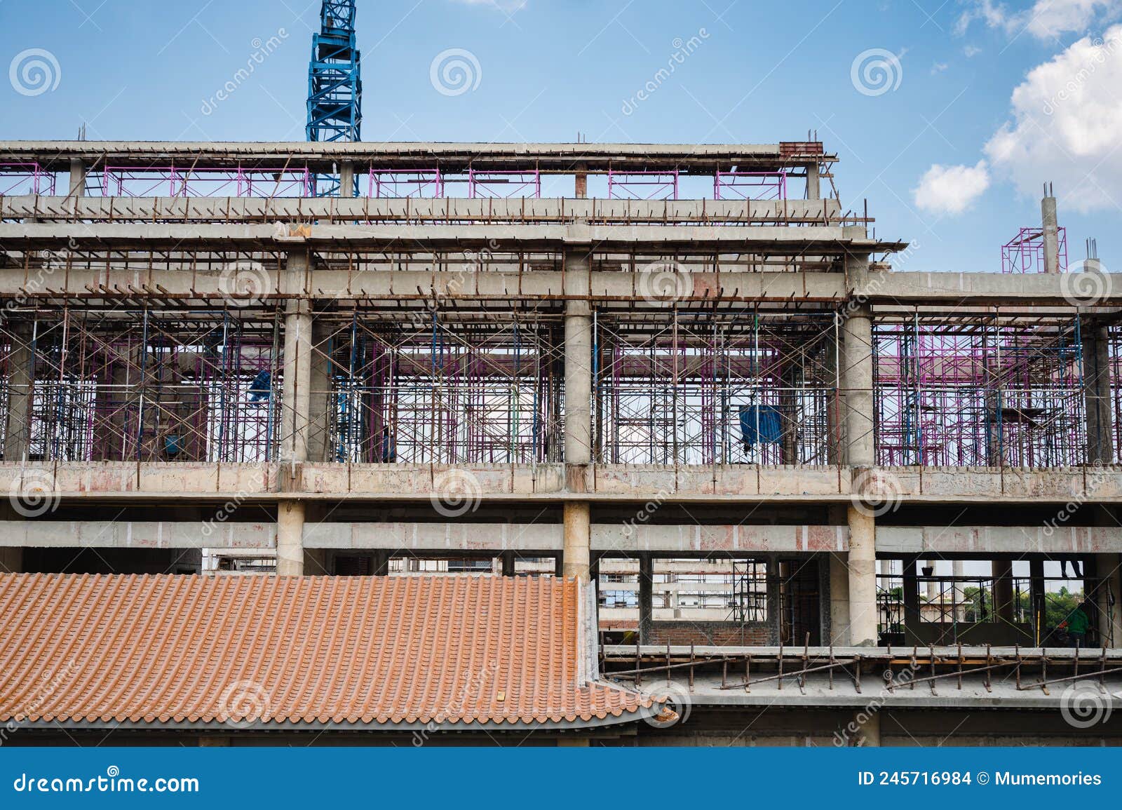 Structure of Large Building with Worker Working, Crane and Scaffold in ...