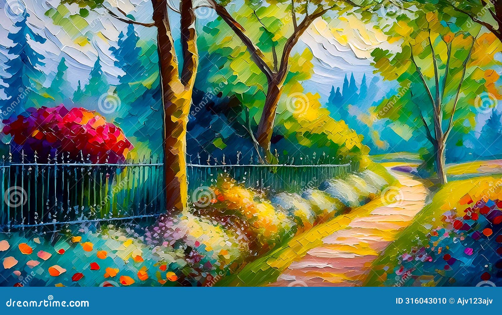 An Impressionist Painting Style Image Of Trees And Path In A Peaceful ...