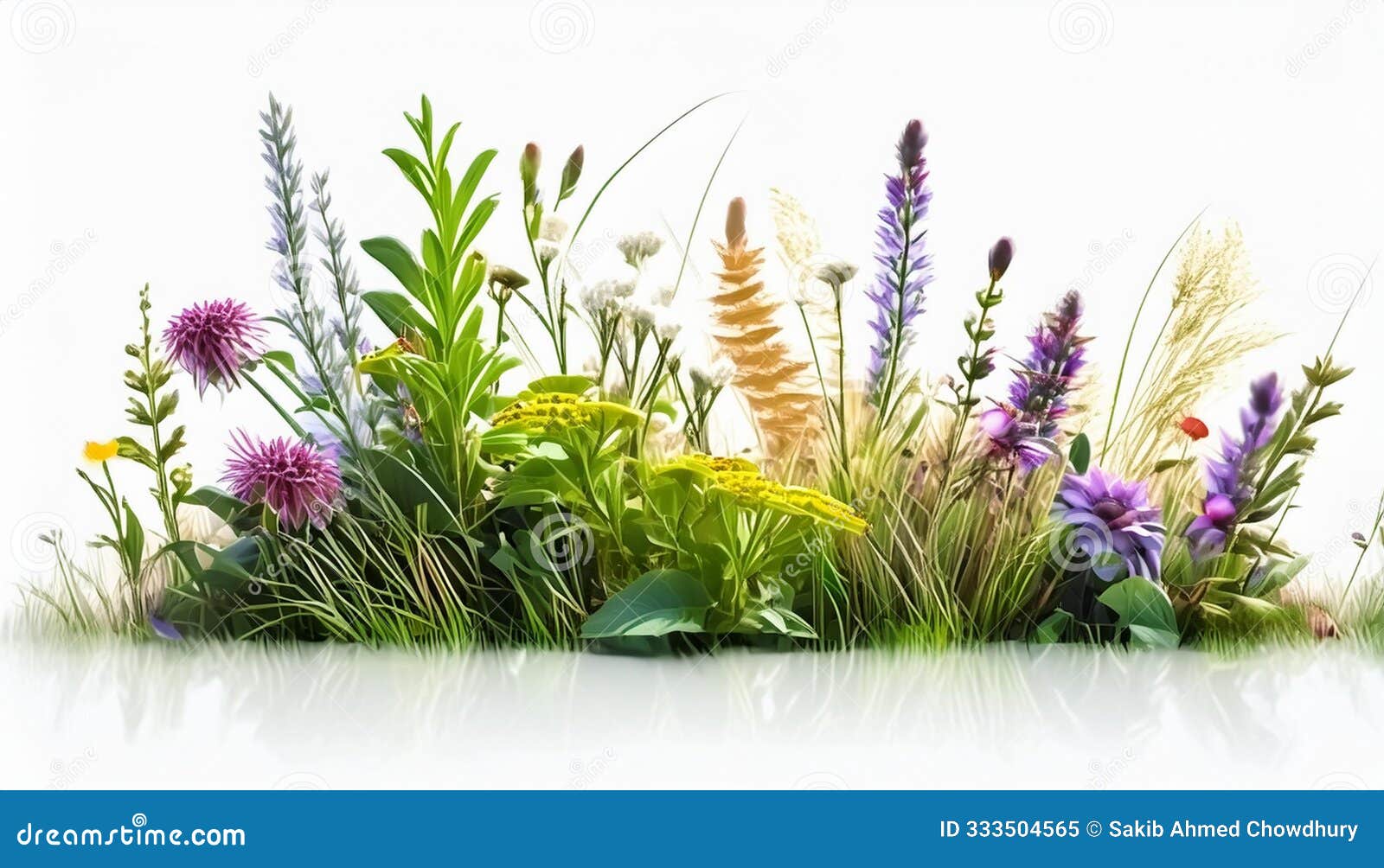 A Bush Made with Grass and Wildflowers Isolated on Colorful White ...