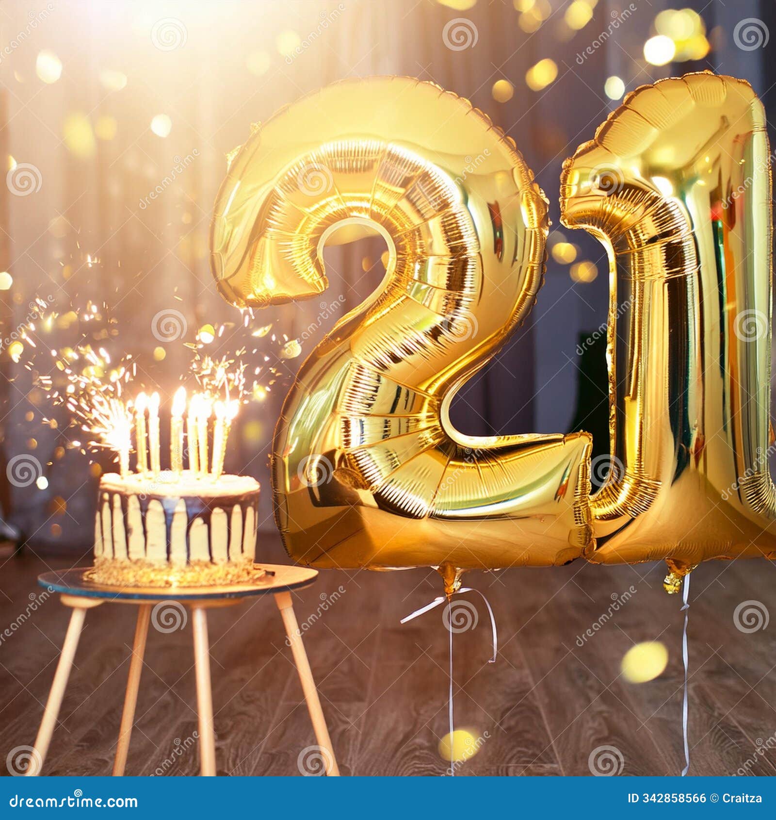 Happy Twenty First Birthday Anniversary Cake and Golden Helium Birthday ...