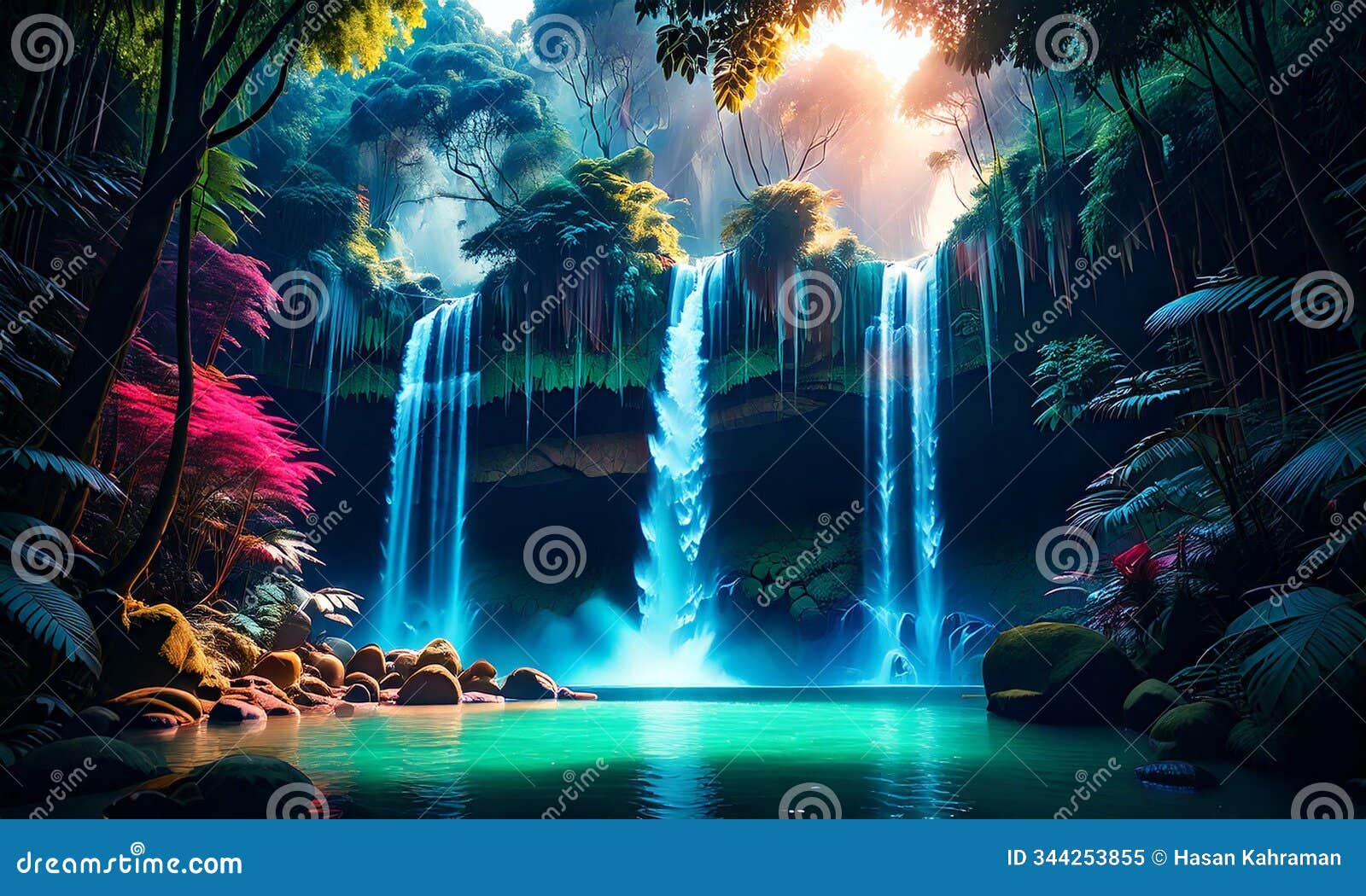 Waterfall with a Waterfall, 3 D Illustration Stock Illustration ...