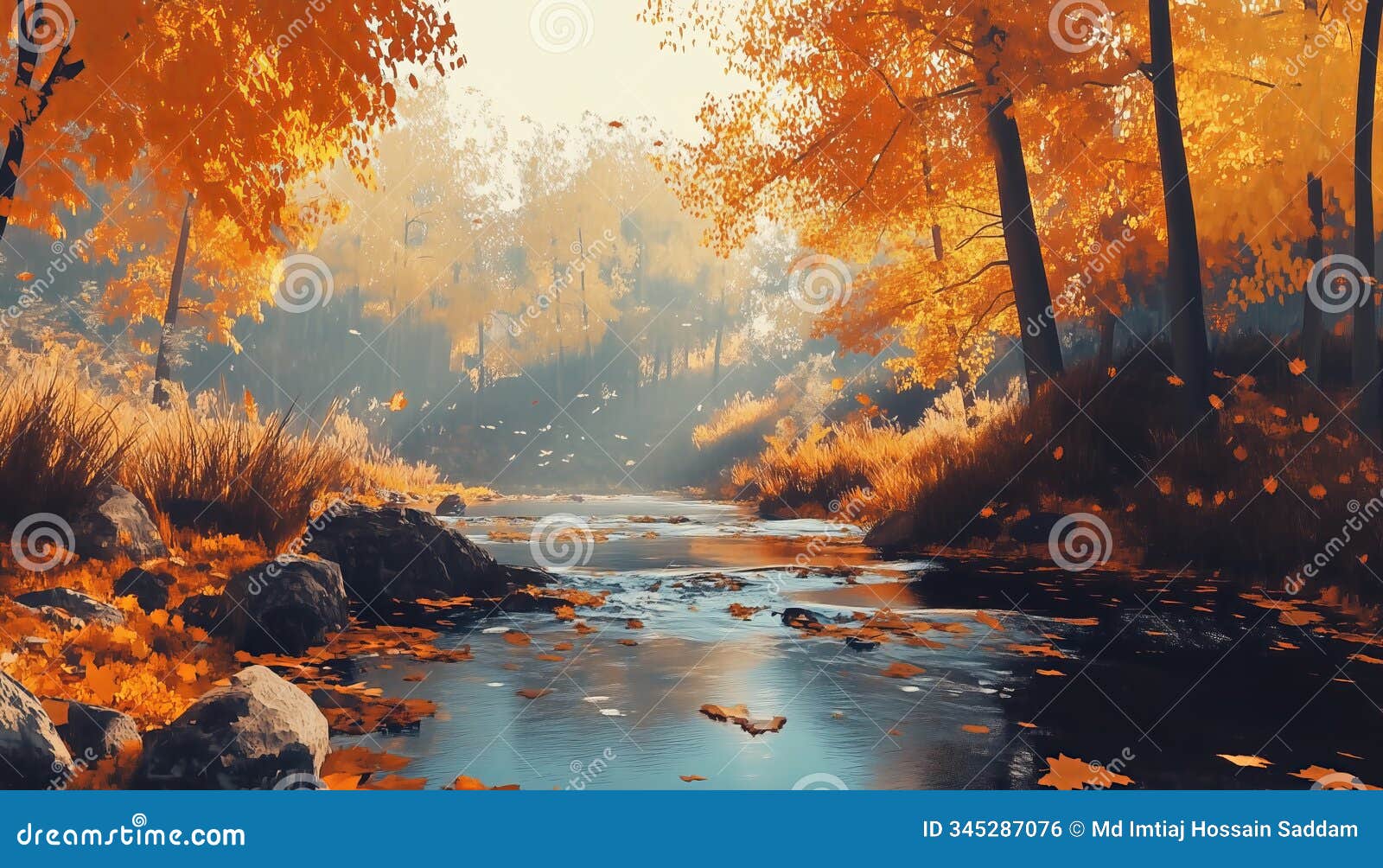 Panoramic Autumn Landscape with Forest Stream. Fall Nature Background ...
