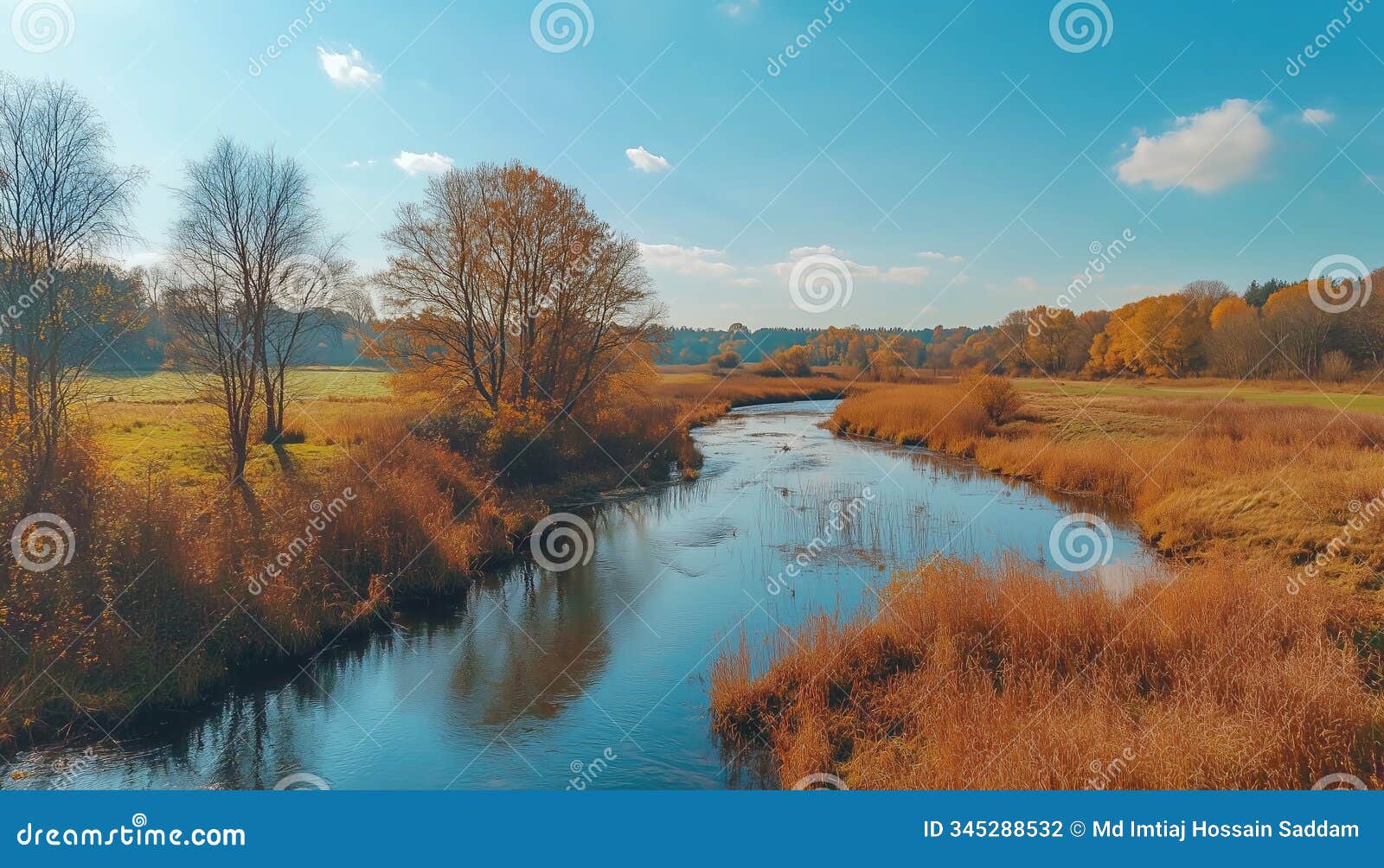 Panoramic Autumn Landscape with Forest Stream. Fall Nature Background ...