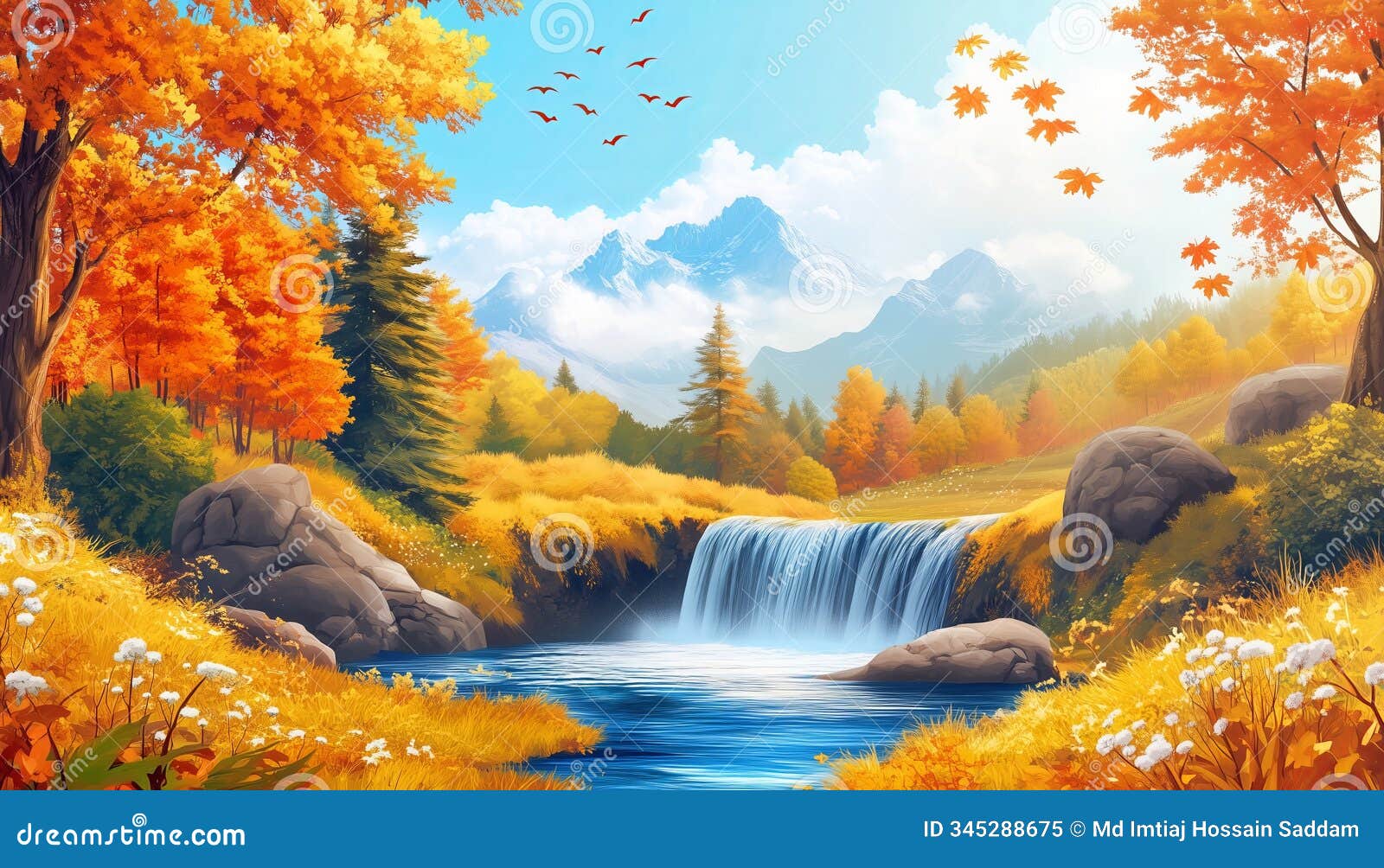 Panoramic Autumn Landscape with Forest Stream. Fall Nature Background ...
