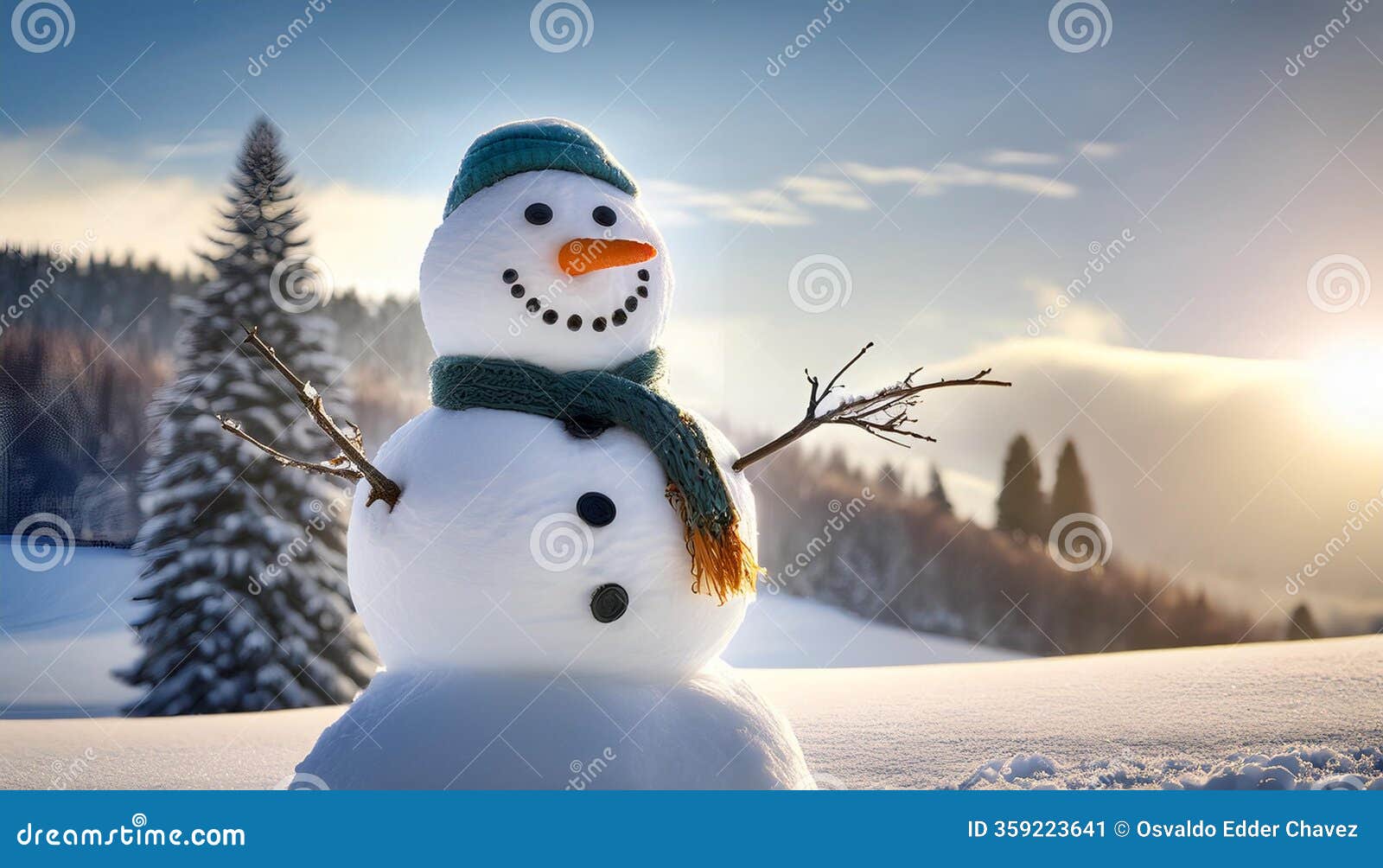 Winter Christmas Themed Realistic Picture of a Snowman on a Landscape ...