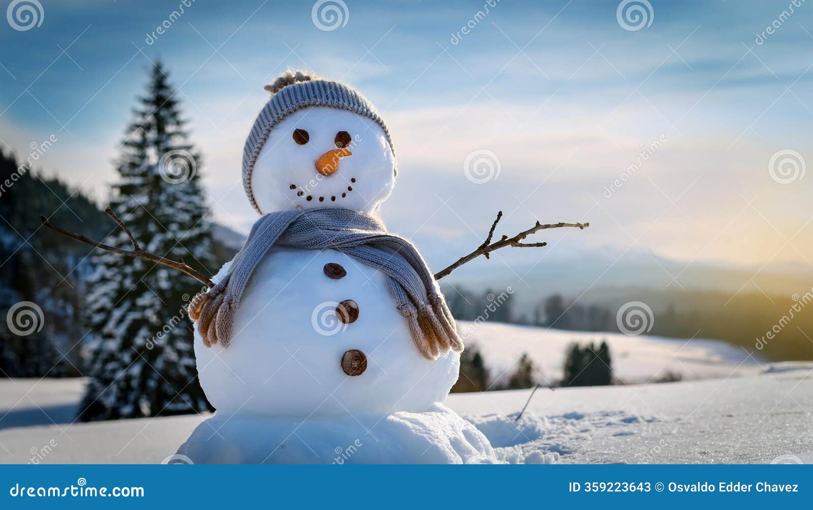 Winter Christmas Themed Realistic Picture of a Snowman on a Landscape ...