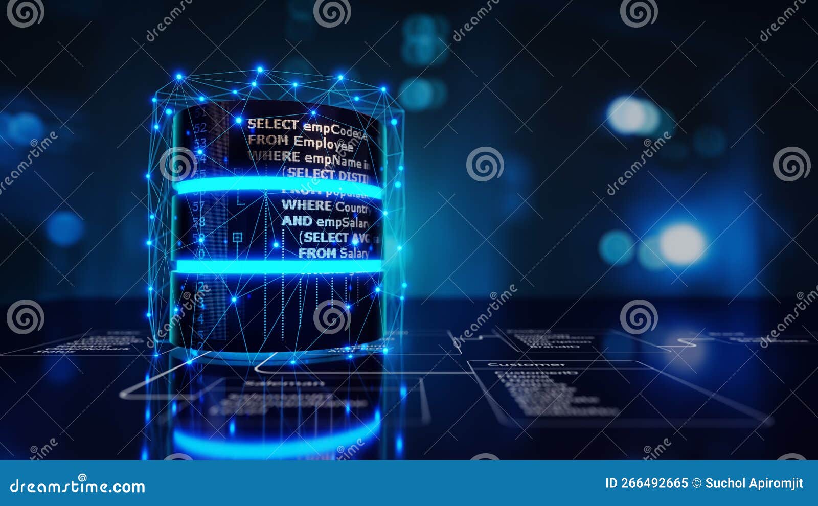 Structured Query Language Code On A Database Is Placed On Relational Tables Stock Illustration